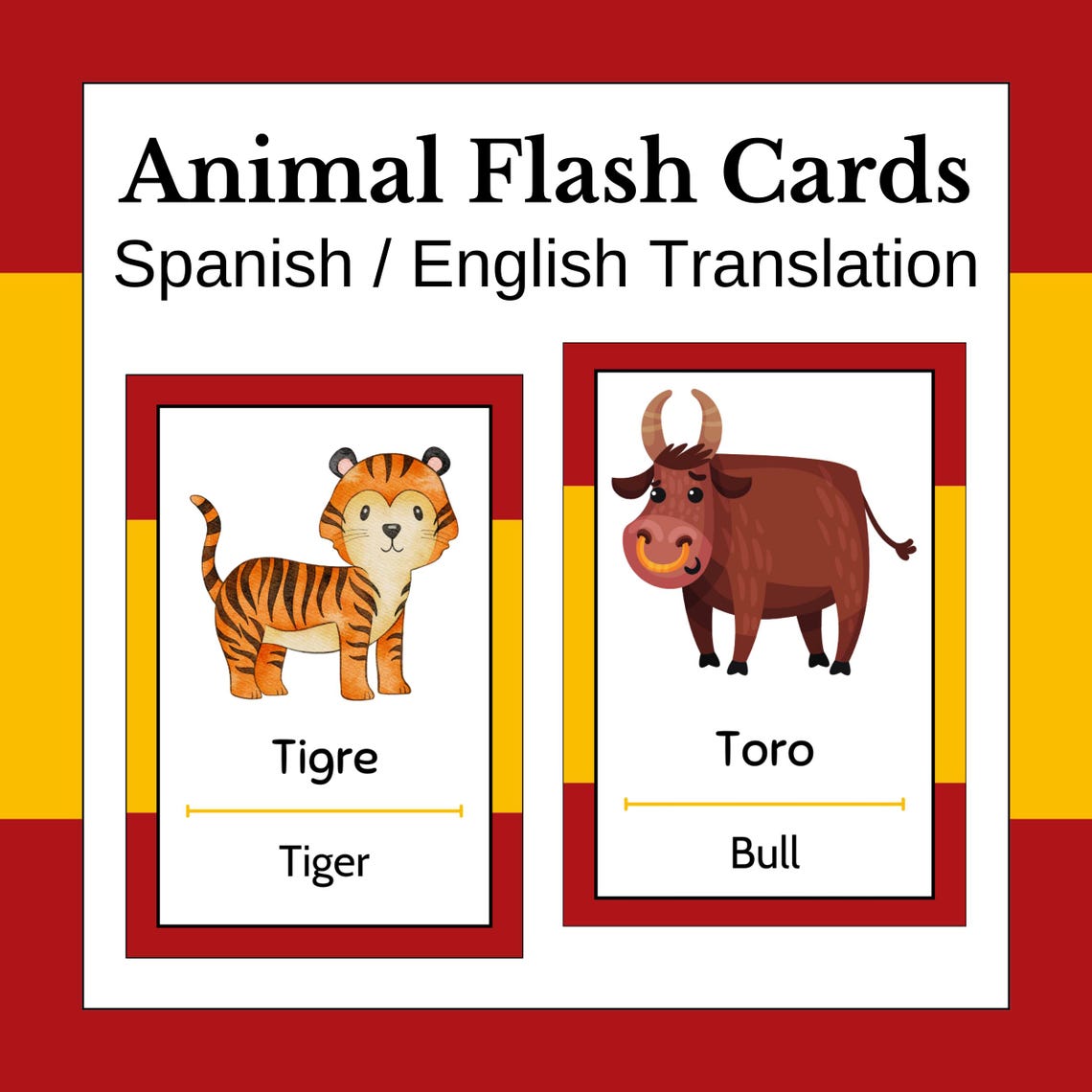 Spanish Animal Flashcards: Bilingual Learning Tool (digital Download ...