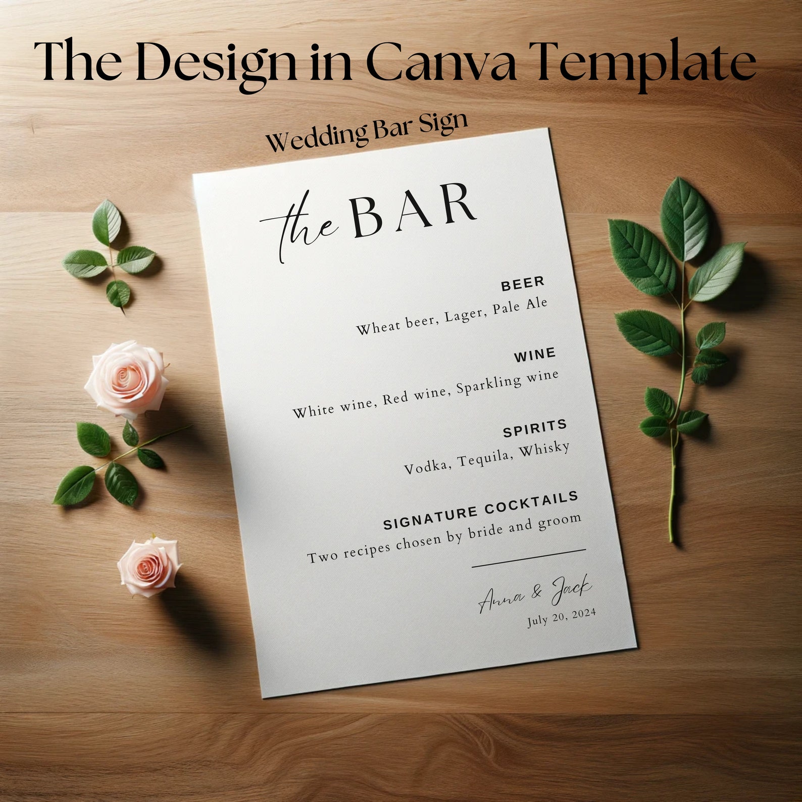 Minimalist Wedding Bar Menu Template Editable in Canva Wedding Drink ...