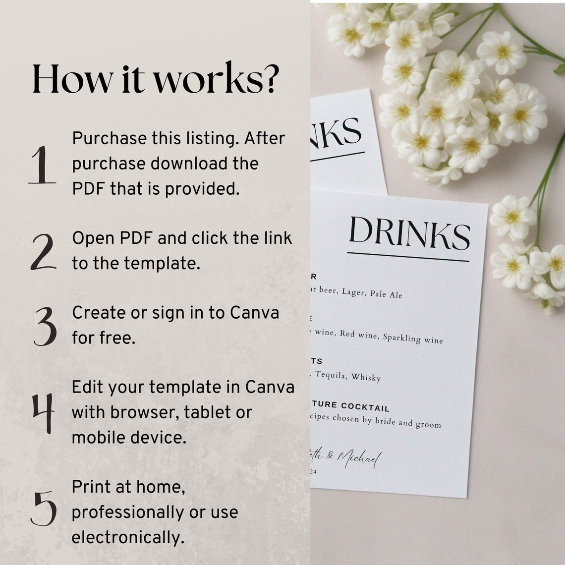 Minimalist Wedding Bar Menu Template Editable in Canva Wedding Drink ...