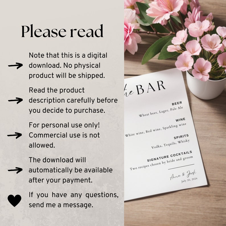 Minimalist Wedding Bar Menu Template Editable in Canva Wedding Drink ...