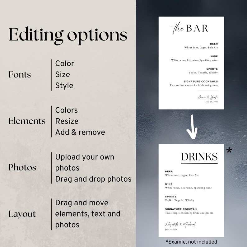 Minimalist Wedding Bar Menu Template Editable in Canva Wedding Drink ...