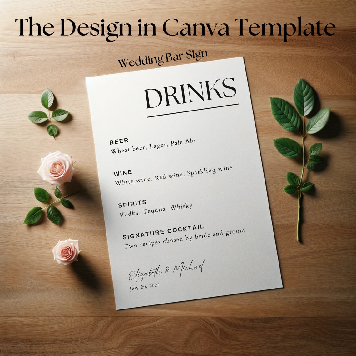 Minimalist Wedding Bar Menu Template Editable in Canva Wedding Drink ...