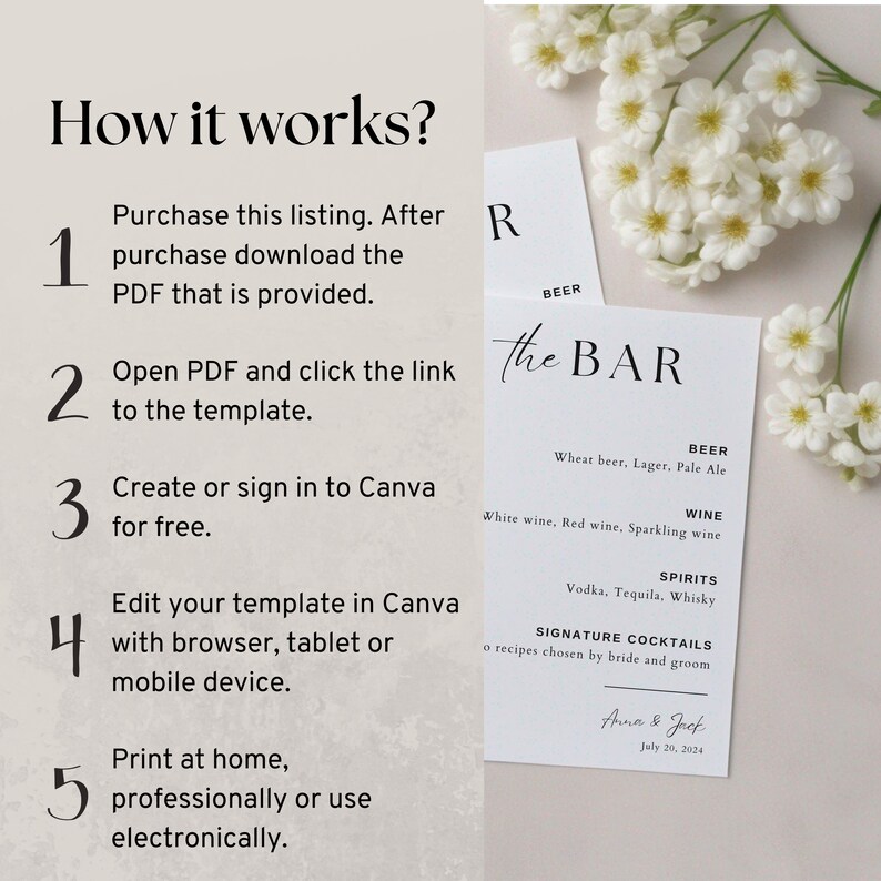 Minimalist Wedding Bar Menu Template Editable in Canva Wedding Drink ...