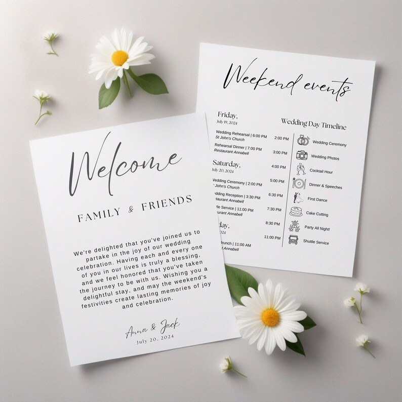 Minimalist Wedding Welcome Letter & Wedding Timeline Template for ...