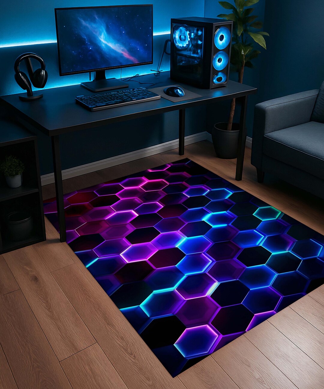 Futuristic Gaming Rug in Neon Purple & Blue – Stylish Tech Decor for ...