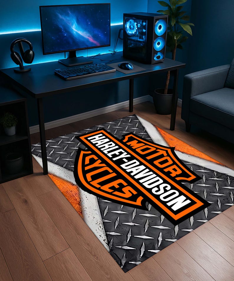 Harley Davidson Logo Rug – Motorcycle Garage Decor – Biker Themed Area ...