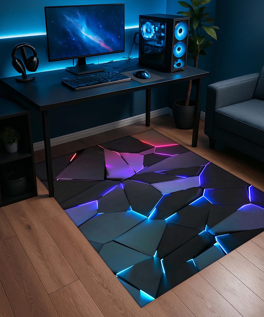 Neon Geometric Gaming Rug – Modern Gamer Room Decor – RGB Inspired ...