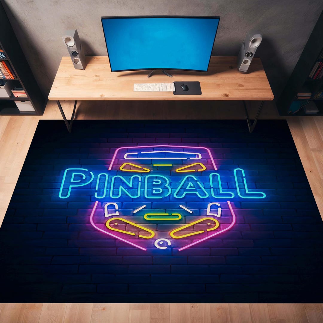 Neon Pinball Rug – Retro Arcade Carpet – Gamer Room Decor – Colorful ...