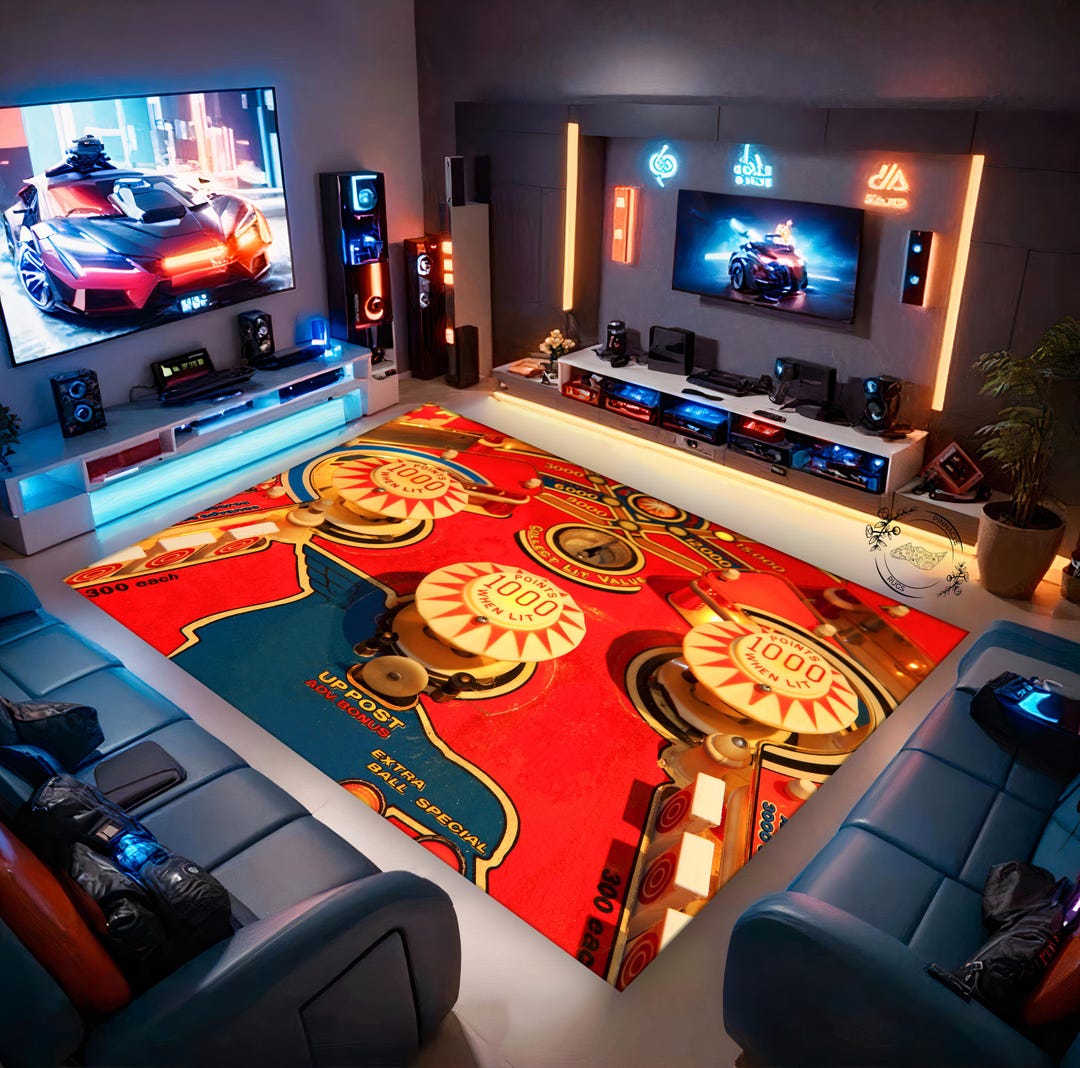 Retro Pinball Machine Area Rug Vintage Arcade Decor for Fun Game Room ...