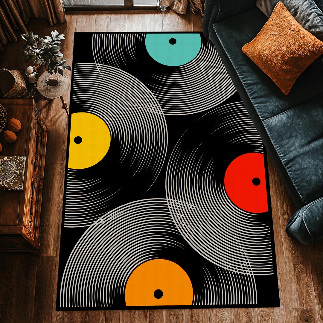 Modern Black Music Record Rug – Interlocking Vinyl Tile Design Area Rug ...