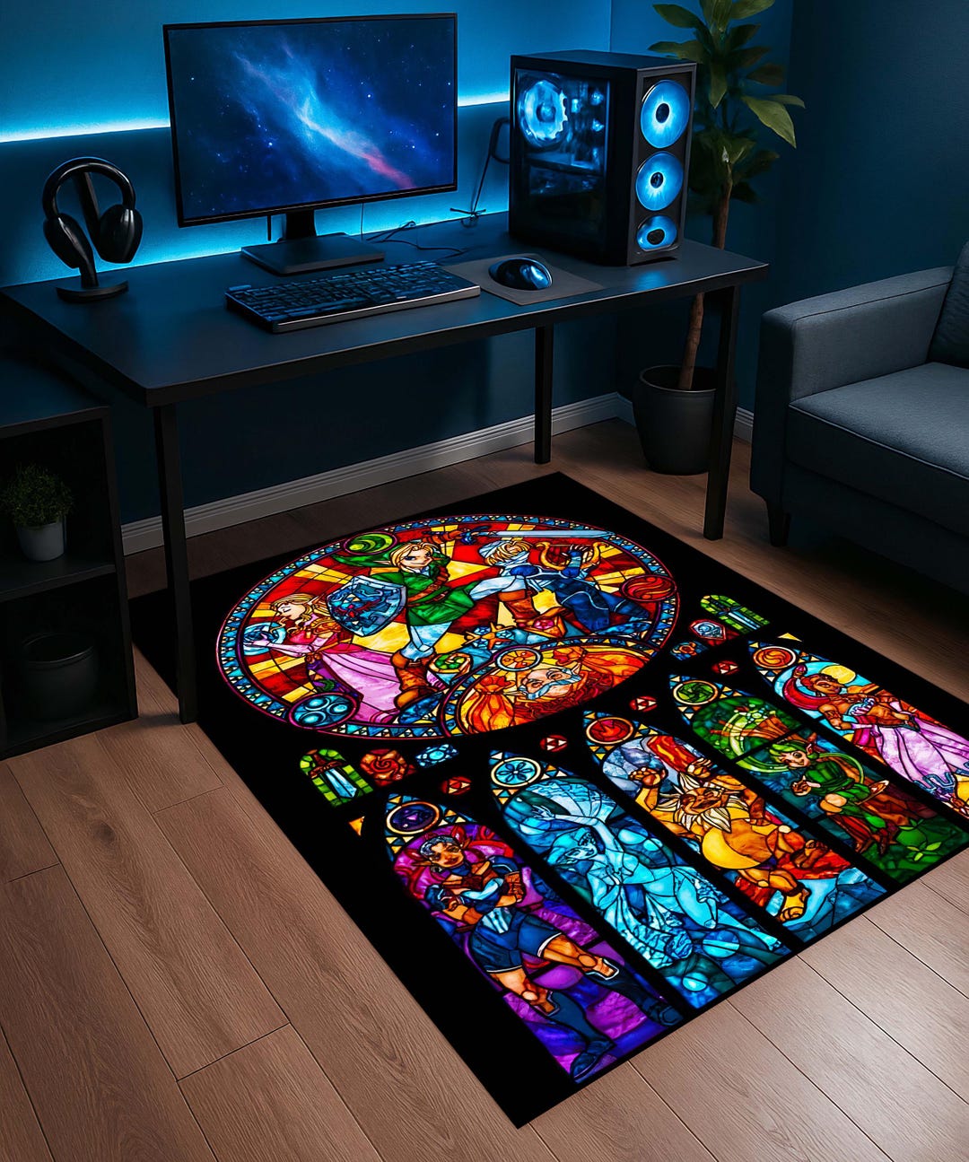 Zelda Inspired Gaming Rug – Stained Glass Gamer Carpet – Fantasy Video ...