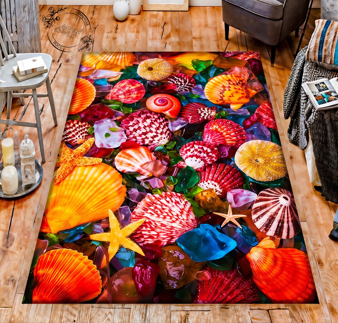 Beach Vibes Sea Shells Rug Coastal Home Decor Accent Handmade Sea ...