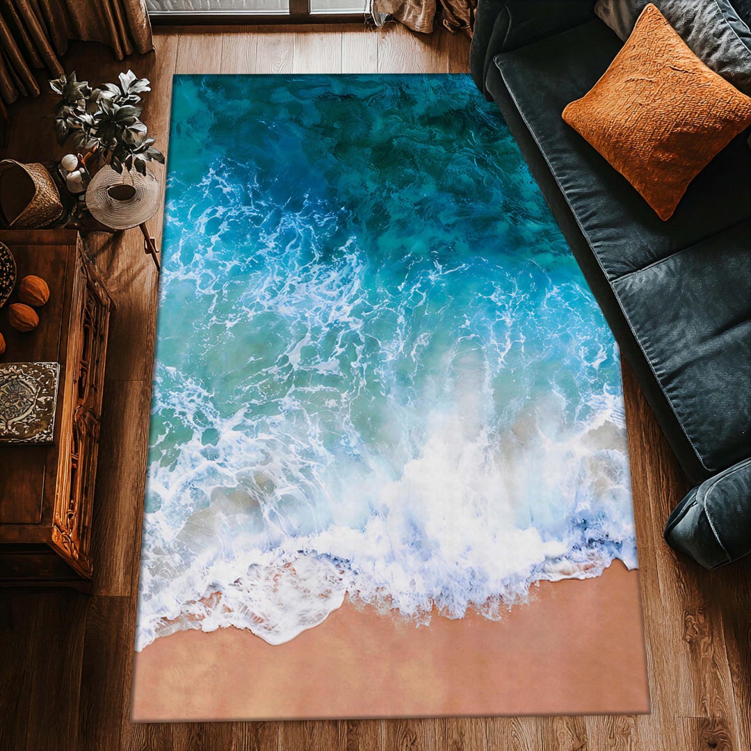 Ocean Wave Beach Rug – Coastal Shoreline Area Rug for Living Room ...