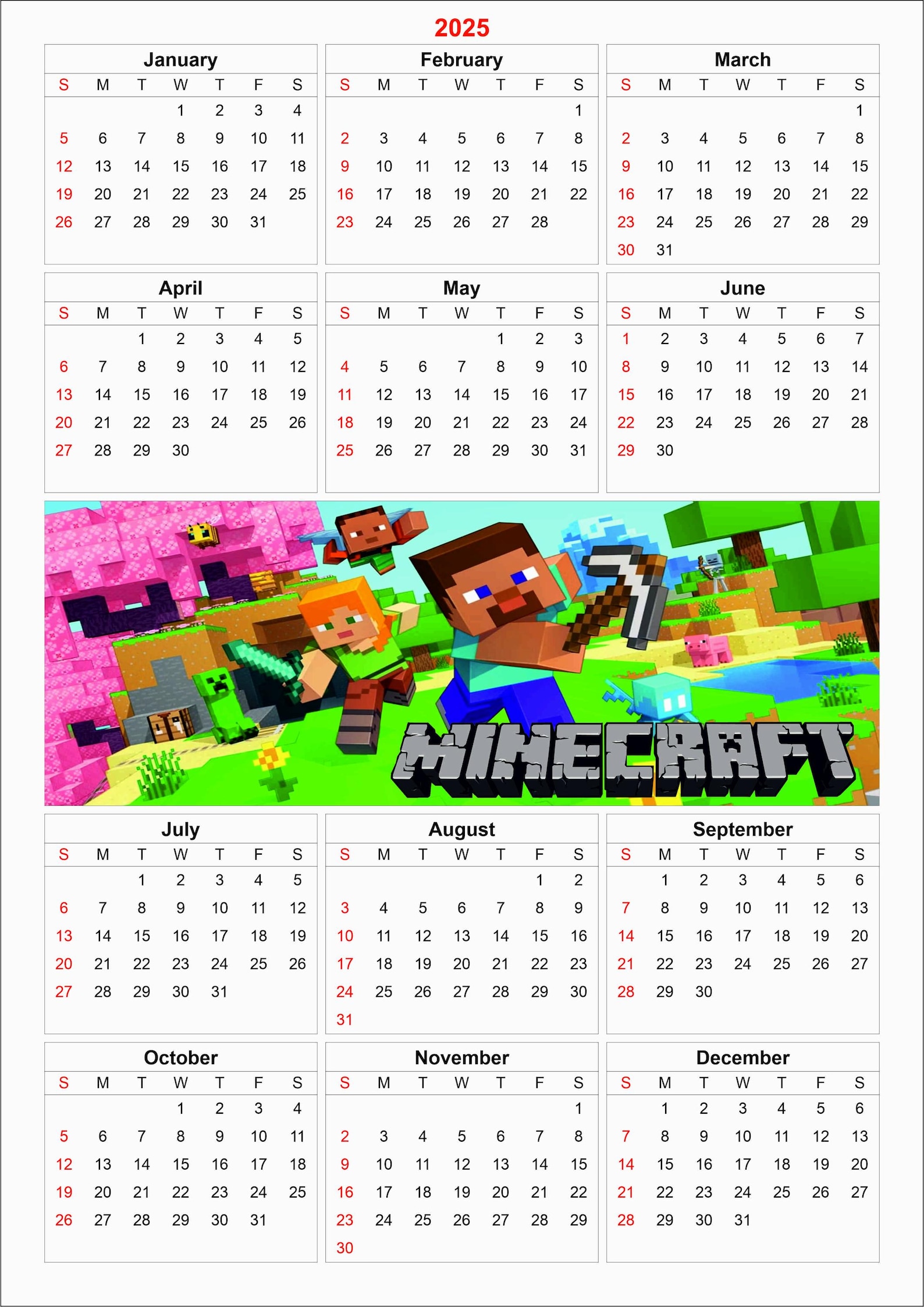 Minecraft Calendar 2025. 2025 Minecraft Style Calendar. PDF File A4 ...