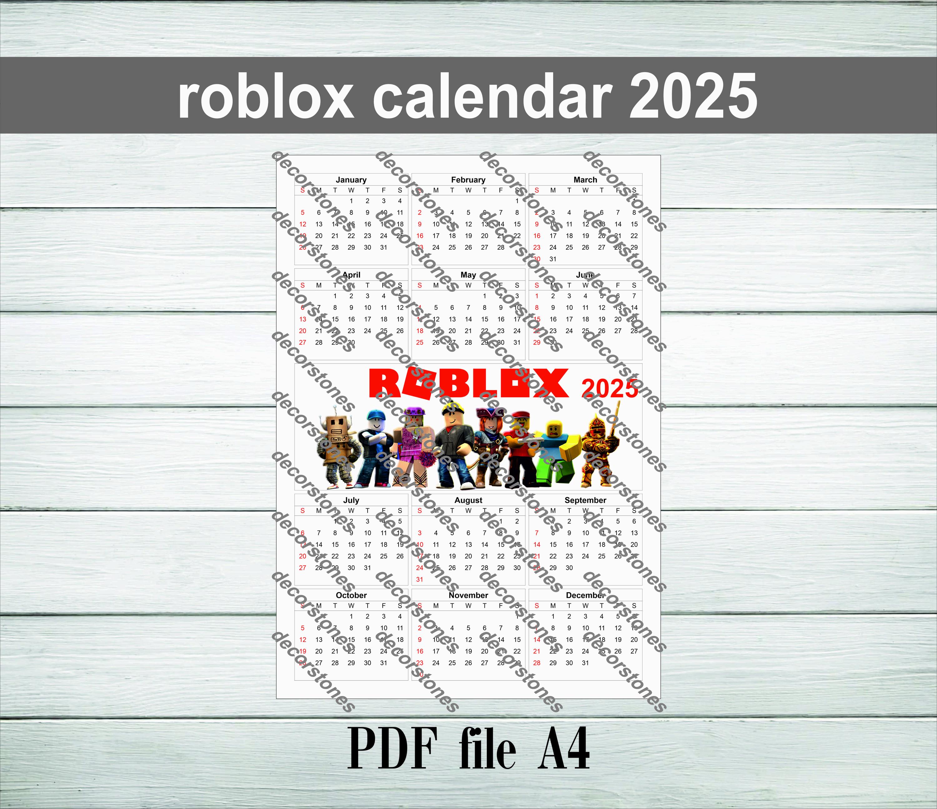 Roblox Calendar 2025. 2025 Roblox Style Calendar. PDF File A4 210x297cm ...