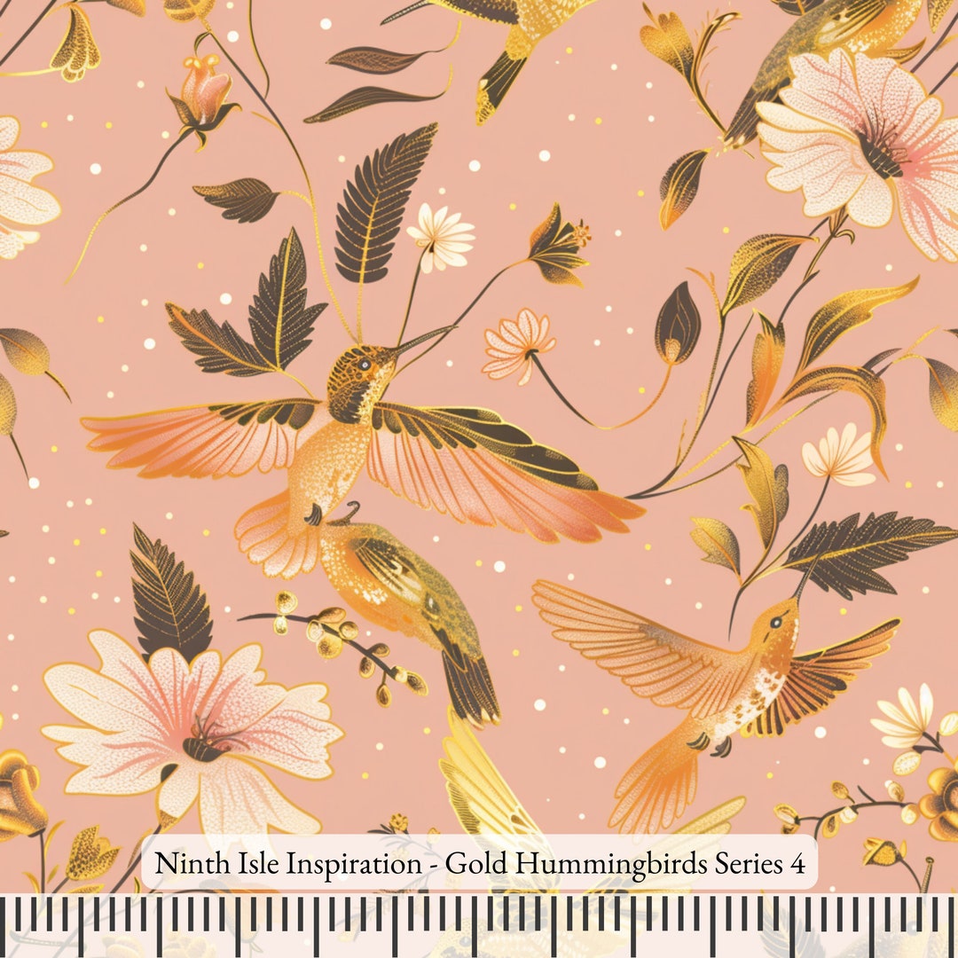 Gold Hummingbirds Cotton Fabric by the Yard - Ninthisle Inspiration ...