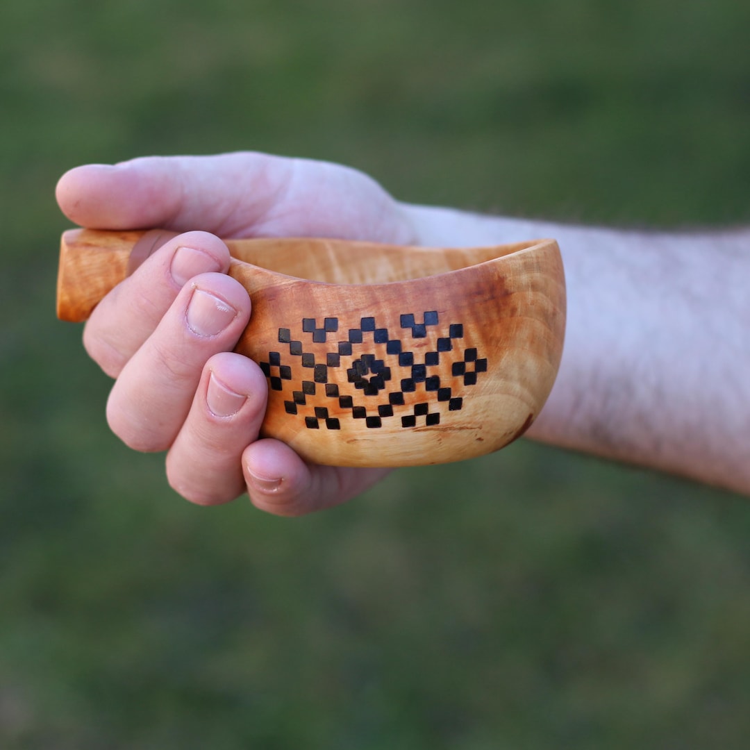 Handmade Cherry Wood Kuksa Burned Ukrainian Design, Leather Handle - Etsy
