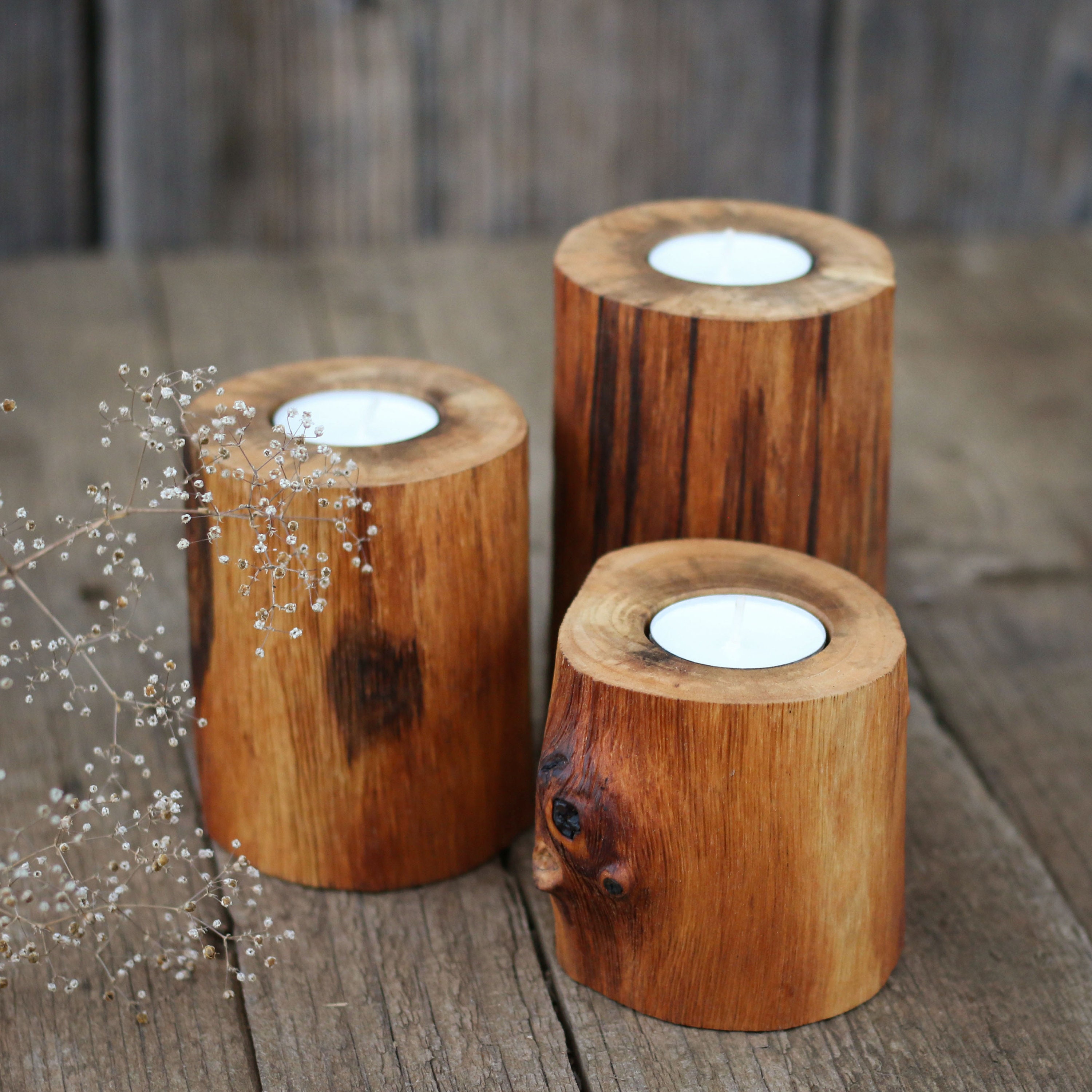 Handmade Walnut Wood Stump Candle Holders set of 3,natural Wood Tea ...