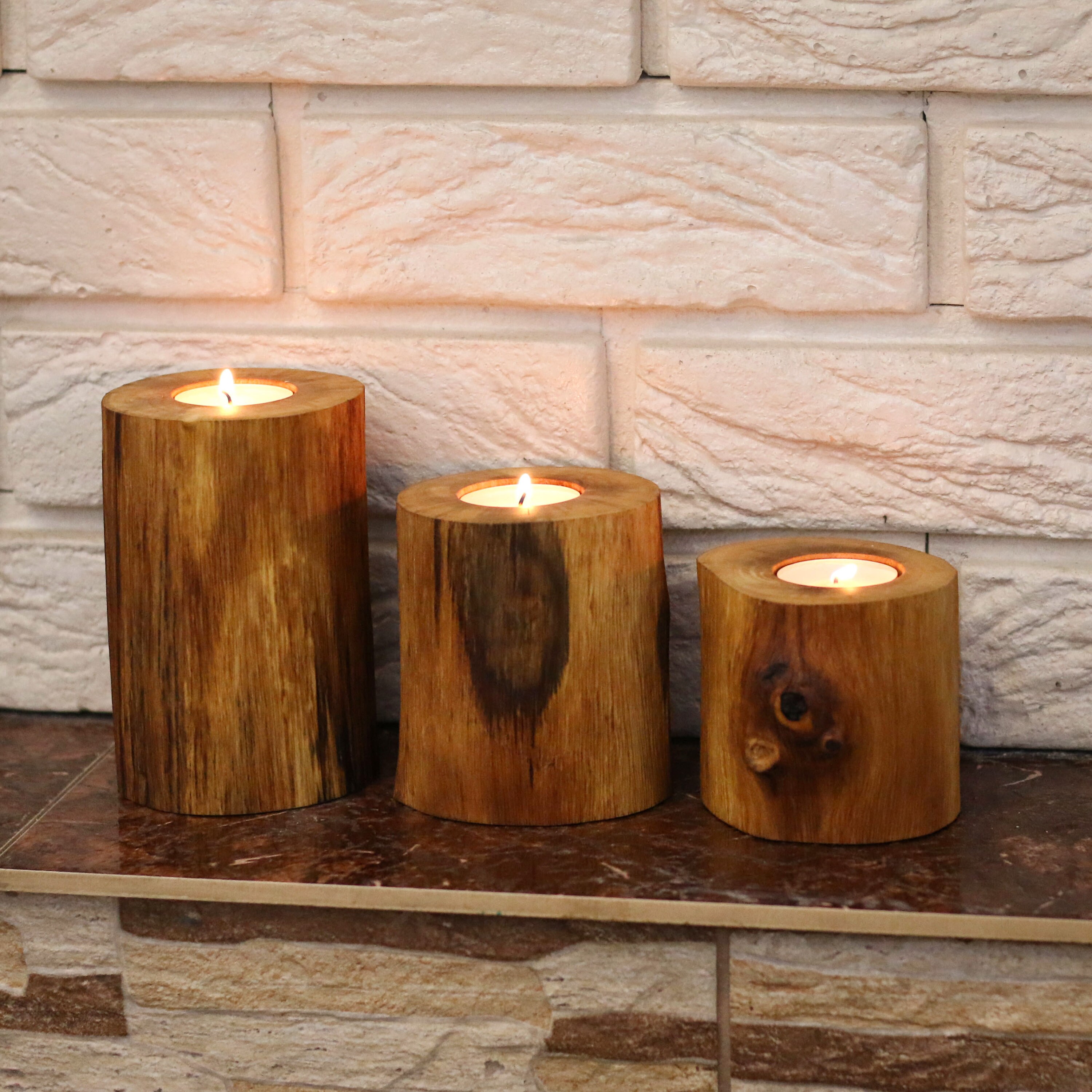 Handmade Walnut Wood Stump Candle Holders set of 3,natural Wood Tea ...