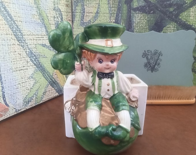 Vintage Lefton Leprechaun Boy Sitting on Pot of Gold Holding Shamrock ...