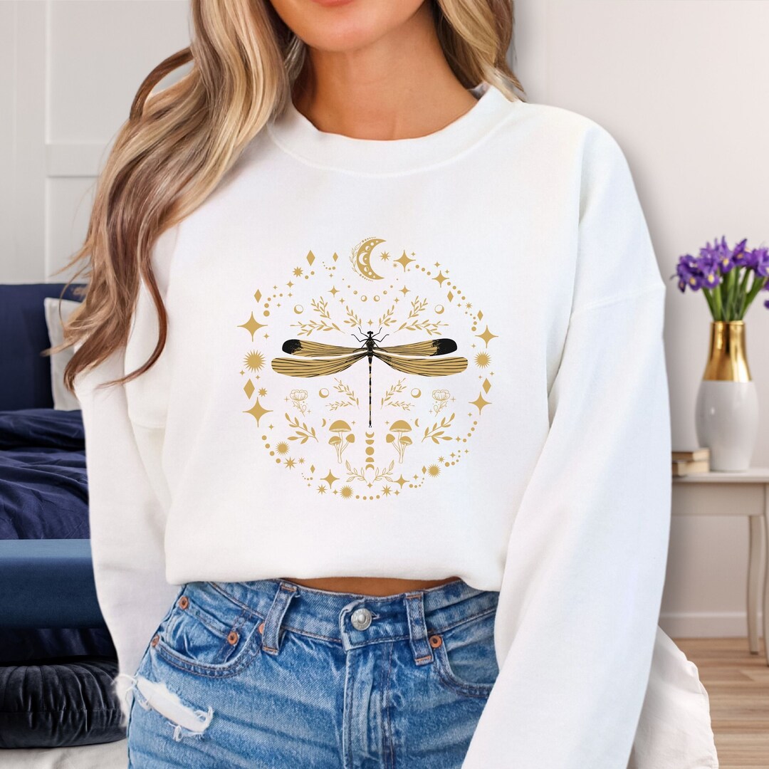 Phases of Moon Celestial Dragonfly Sweatshirt, Lunar Stars Minimalist ...