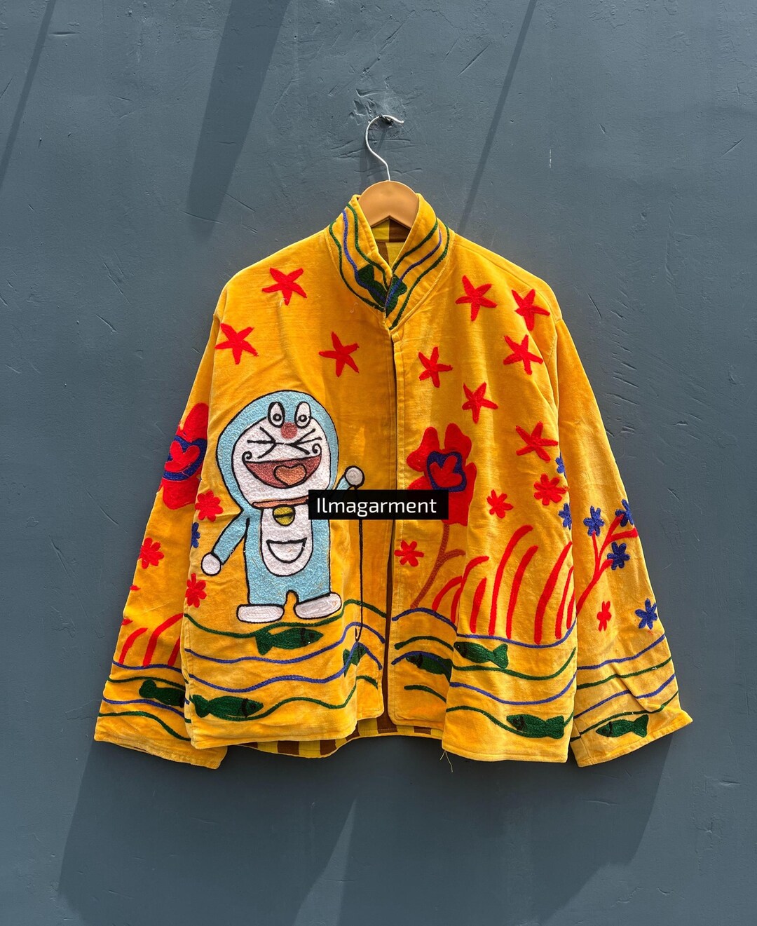 Doraemon Star Embroidered Velvet Jacket: Vintage Boho Open Front Coat ...