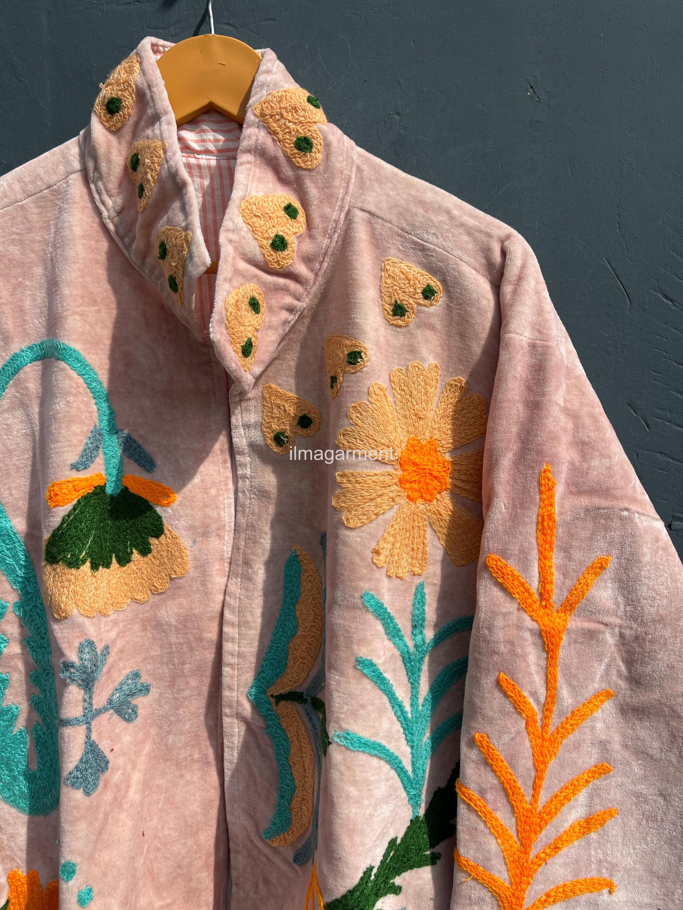 Embroidered Velvet Jacket: Floral LOVE Design, Oversized Fit - Etsy