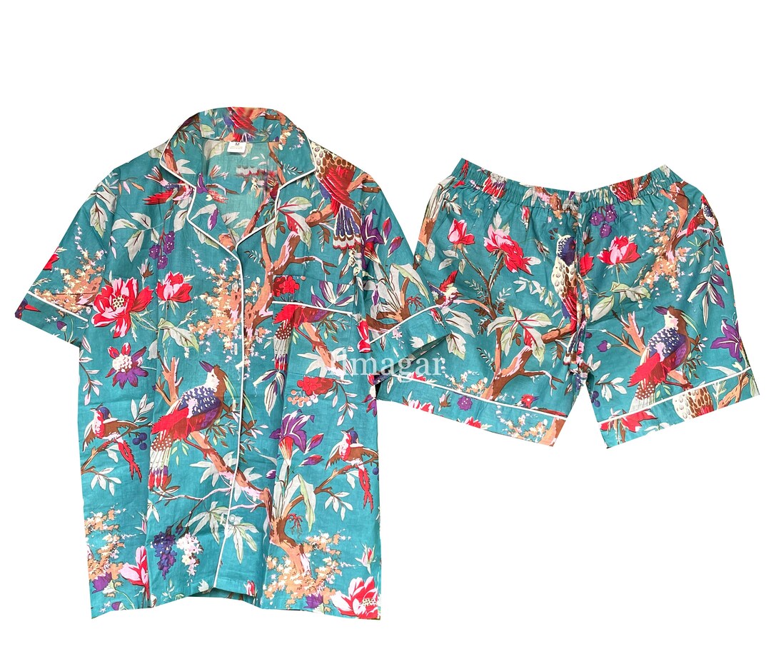 Birds Paradise Print Shorts Pyjamas, Indian Cotton Handmade Summer Pjs ...