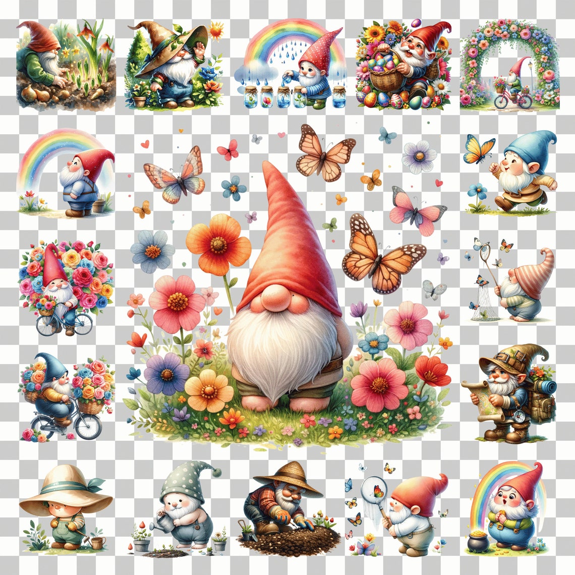Spring Gnomes PNG Bundle - 35 Watercolor Delightful Garden Gnomes ...