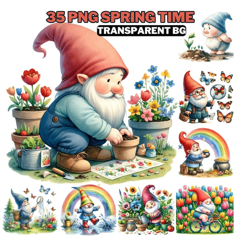 Spring Gnomes PNG Bundle - 35 Watercolor Delightful Garden Gnomes ...