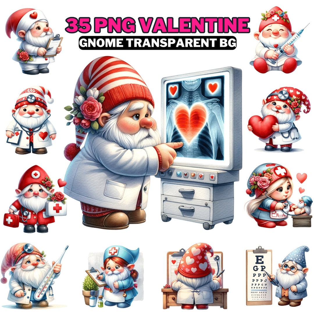 Valentine's Doctor & Nurse Gnome Clipart: 35 PNG Watercolor Images ...