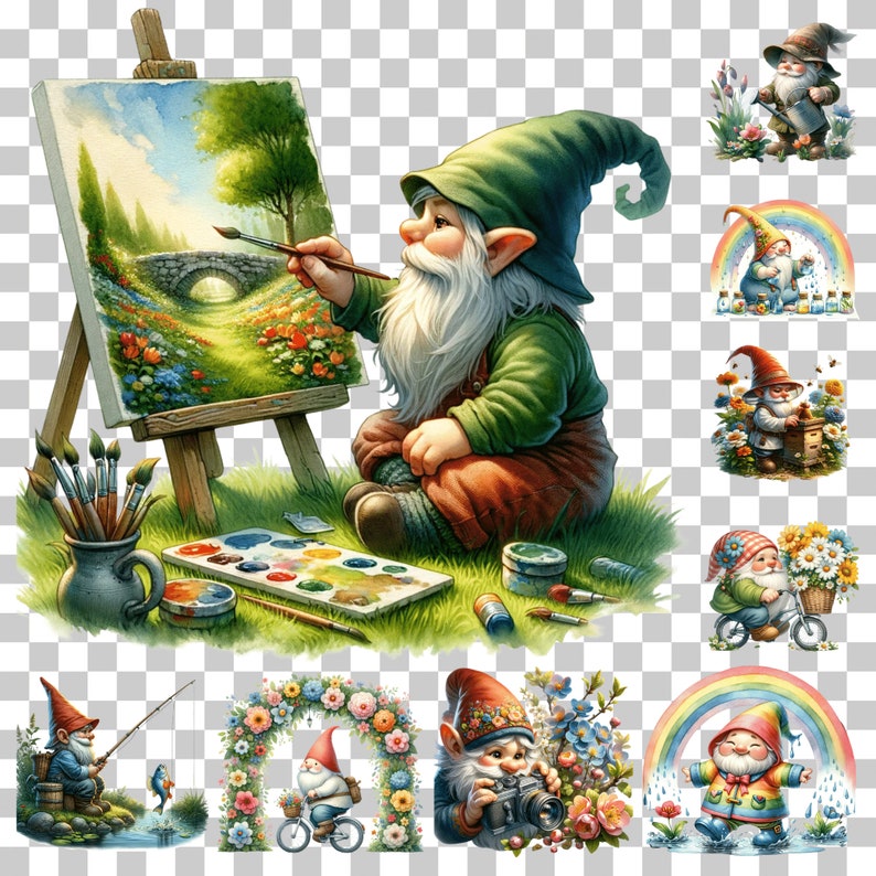 Spring Gnomes PNG Bundle - 35 Watercolor Delightful Garden Gnomes ...