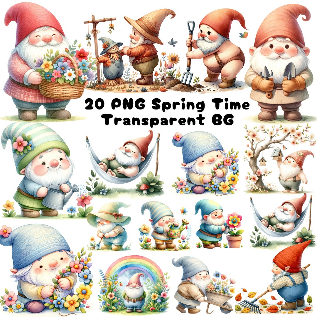 Springtime Gnome PNG Bundle 20 Watercolor Delightful Garden Gnomes ...