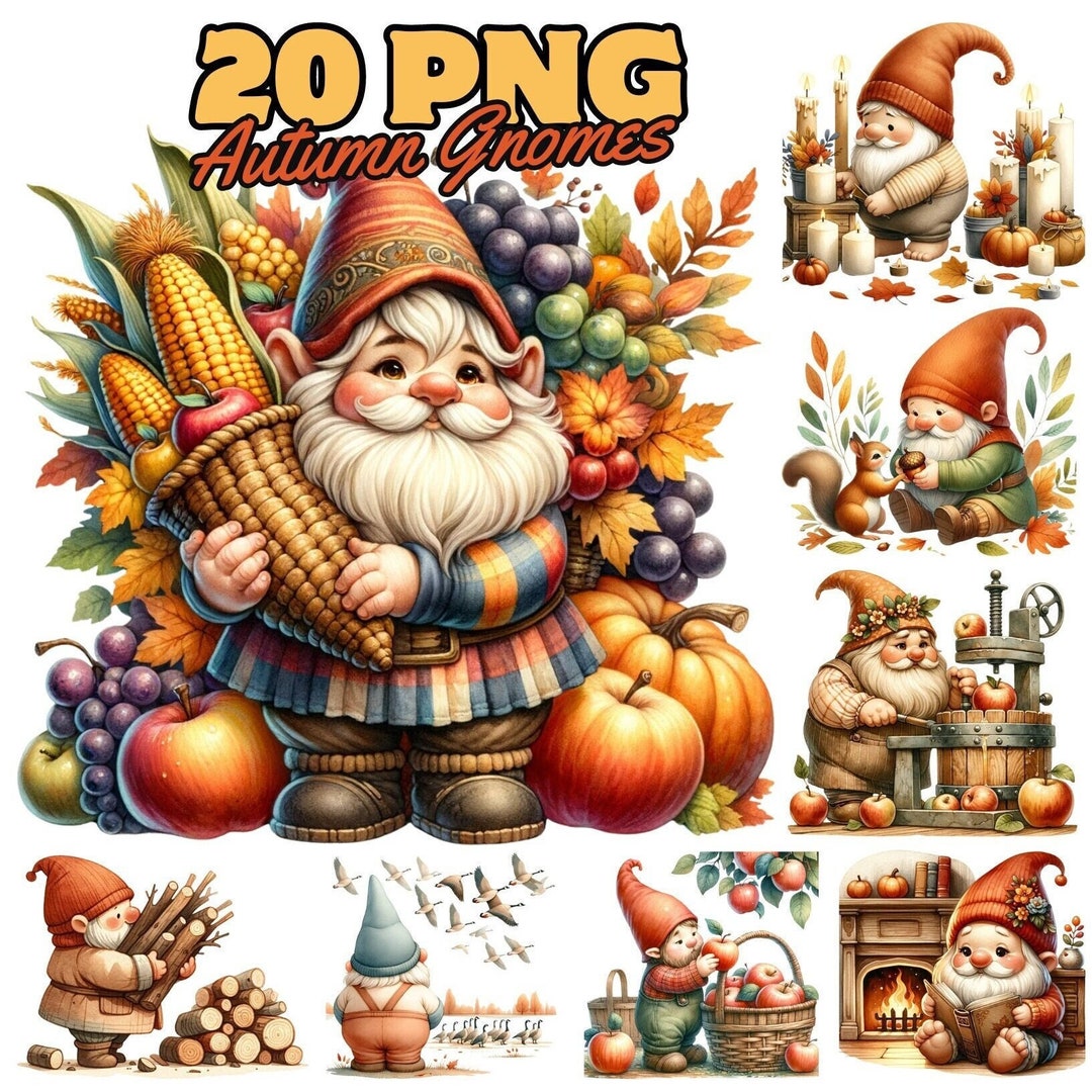Autumn Gnome Clipart Collection - 20 Watercolor PNG Images, High ...