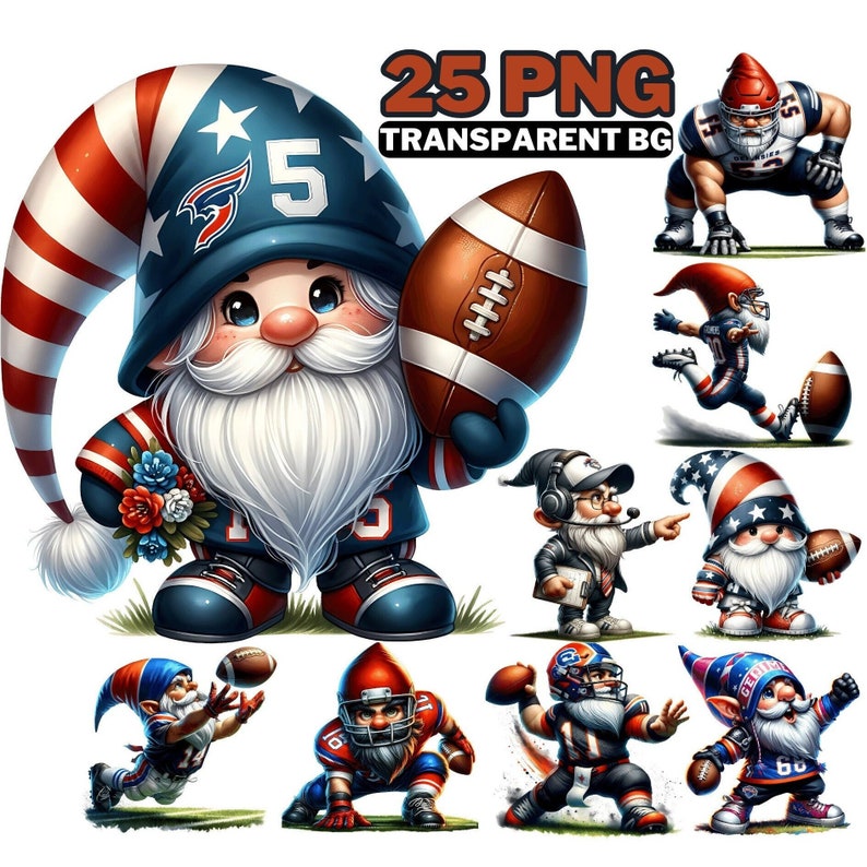 American Football Gnome Clipart Set - 25 Watercolor PNG Images ...