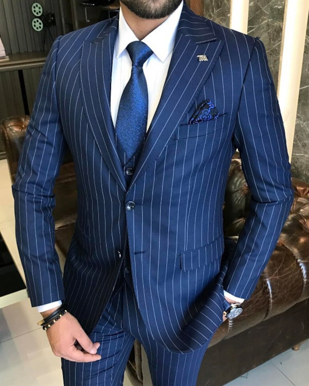 Navy Blue Stripes Suit for Men , Three Piece Suit for Men , for ...