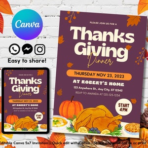 Editable Thanksgiving Dinner Invitation, Printable Digital Fall Harvest ...