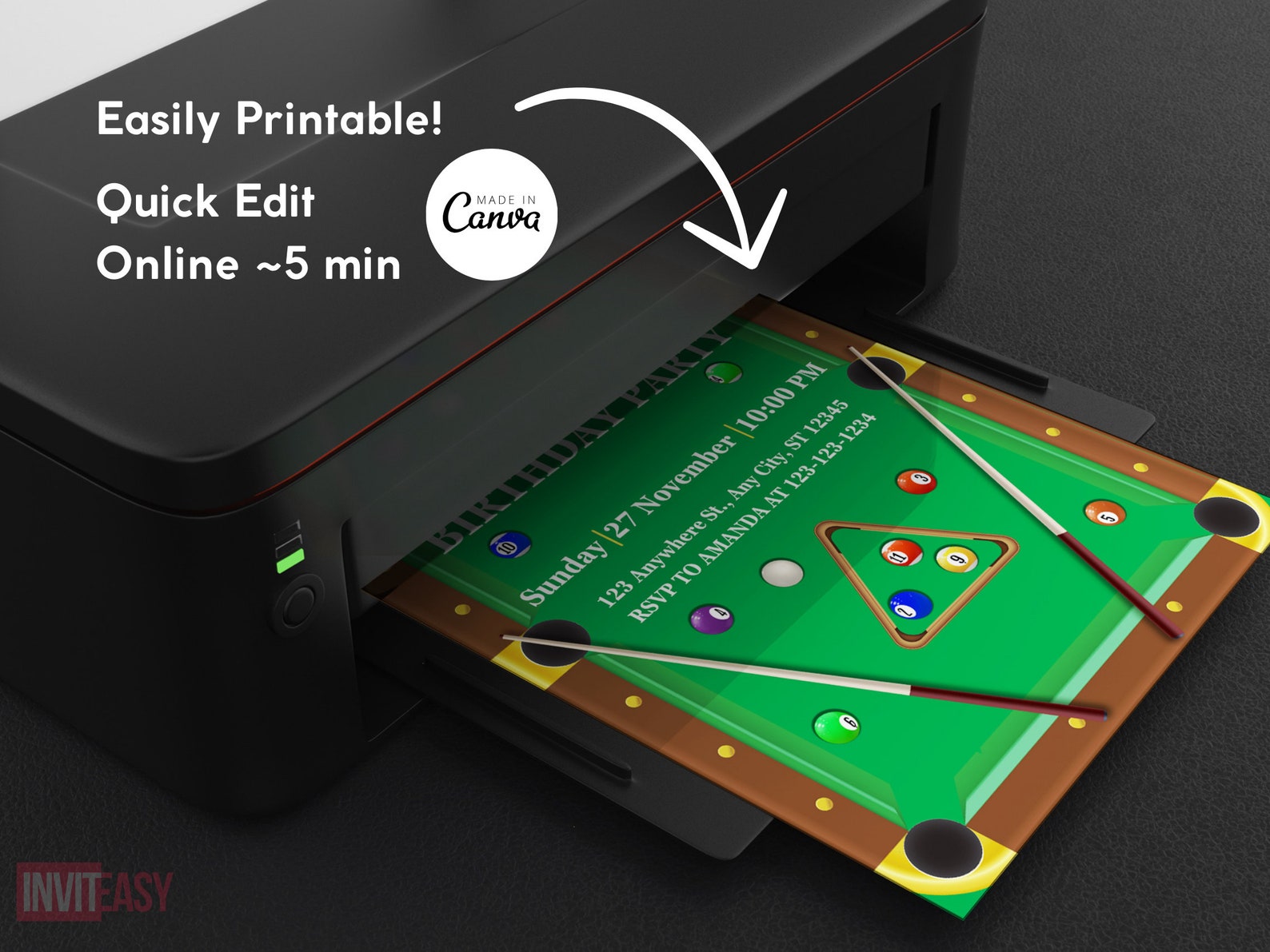 Billiards Birthday Invitation Template, Editable Snooker Birthday ...