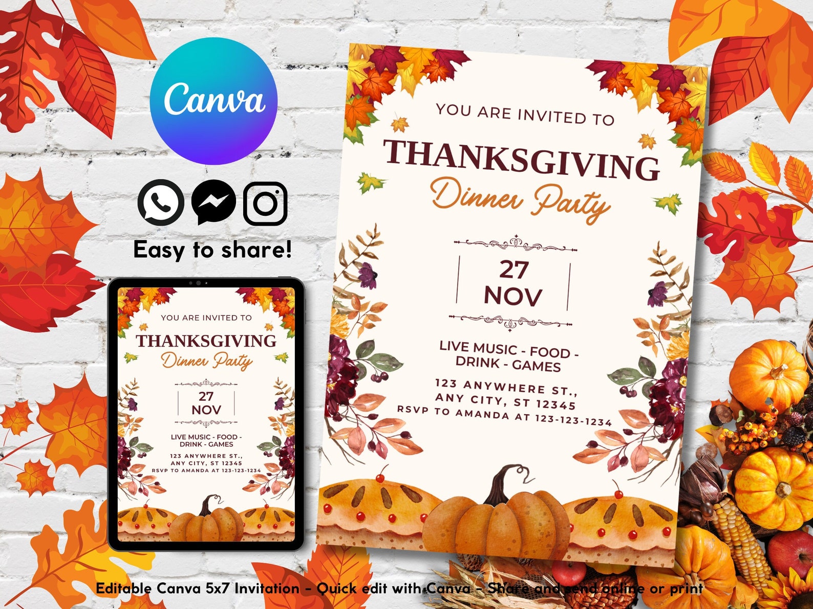 Printable Thanksgiving Dinner Invitation, Editable Digital Thanksgiving ...