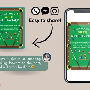 Billiards Birthday Invitation Template, Editable Snooker Birthday ...