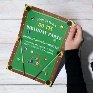 Billiards Birthday Invitation Template, Editable Snooker Birthday ...