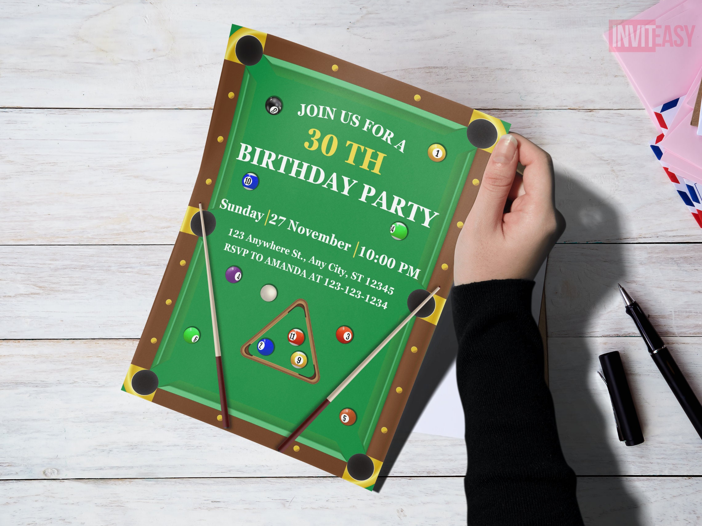 Billiards Birthday Invitation Template, Editable Snooker Birthday ...