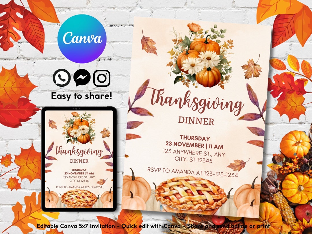 Printable Thanksgiving Dinner Invitation, Editable Digital ...