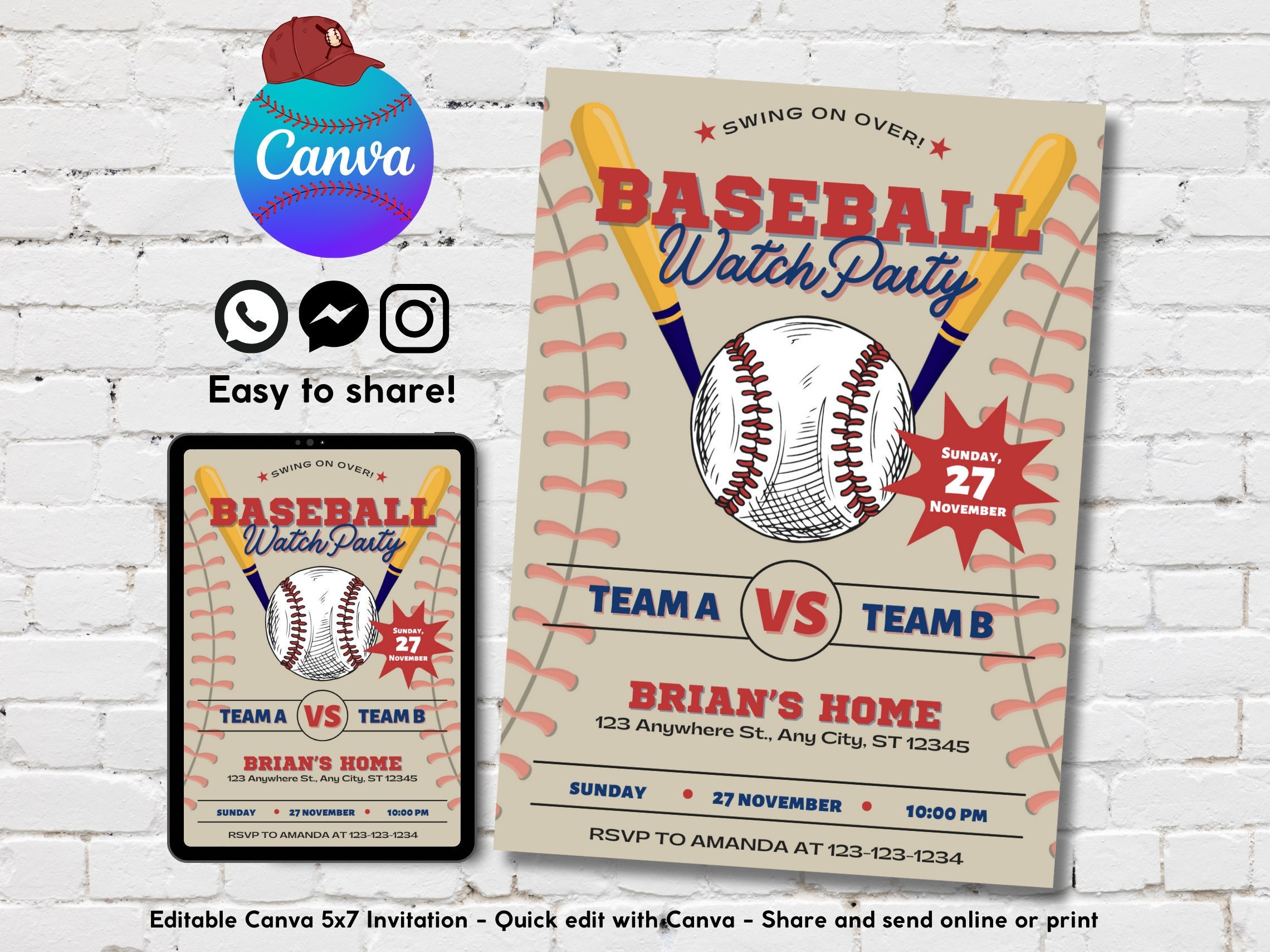 Printable Baseball Birthday Party Invitation, Editable Baseball Game Watch Party Invite, Sporty ...