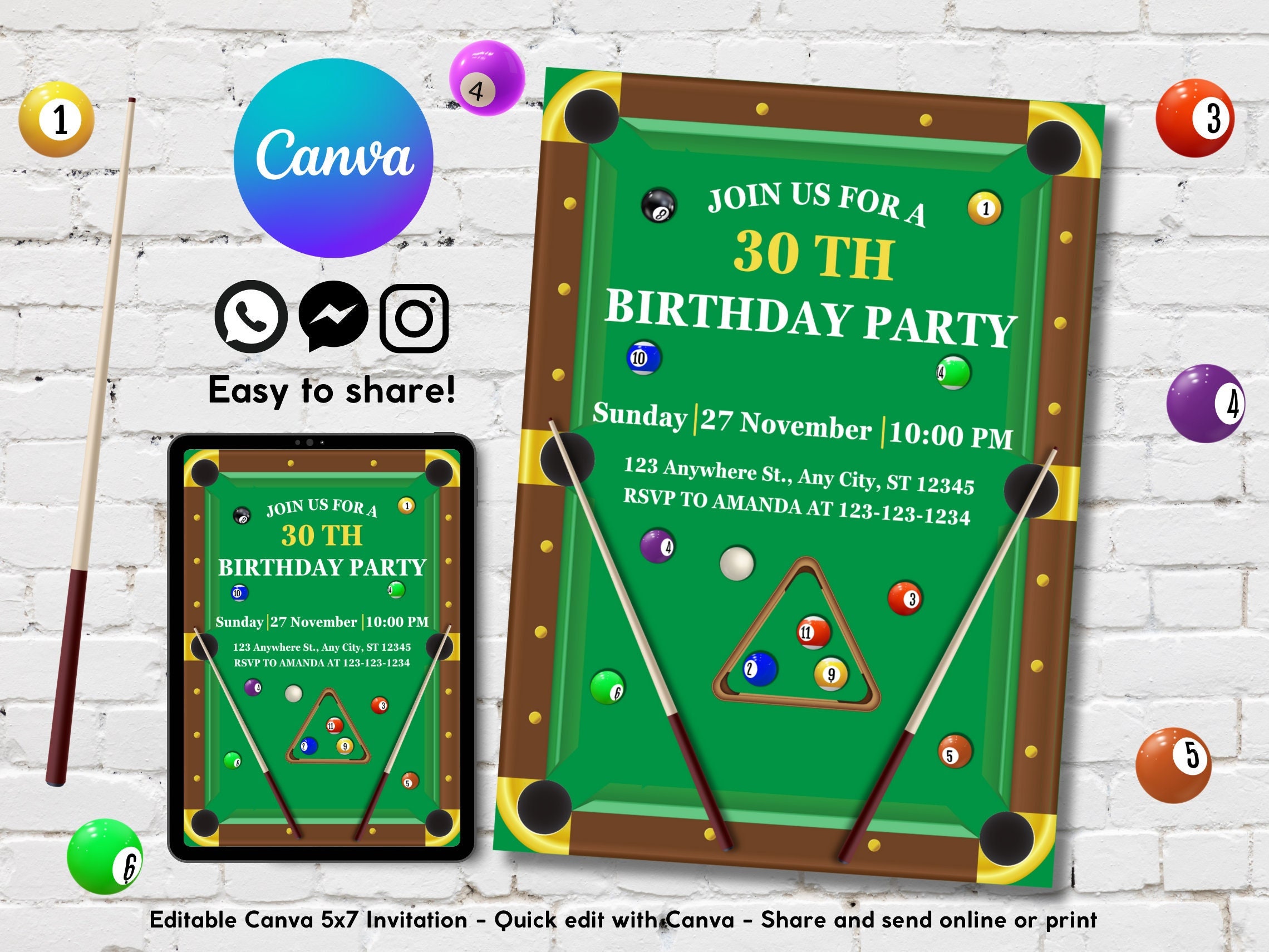 Billiards Birthday Invitation Template, Editable Snooker Birthday ...