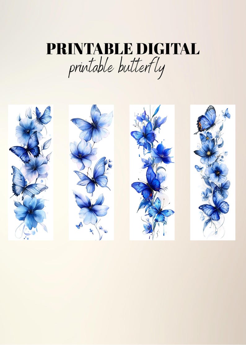 Printable Blue Butterfly Bookmarks: Digital Download Set of 4 for Book ...