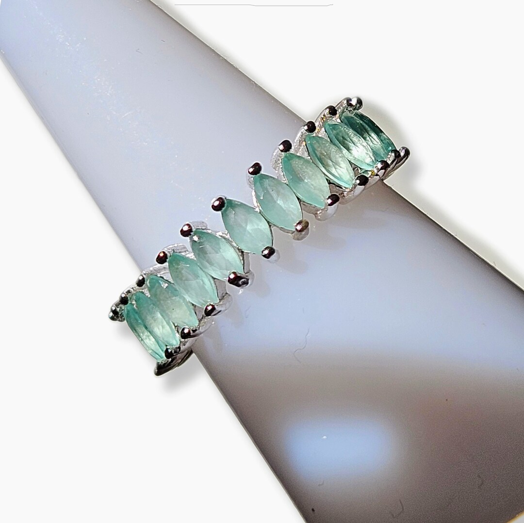 Baguette Ring With Paraiba Apatite Blue Stones, Briolette Shaped Eternity Made of 925 Sterling ...