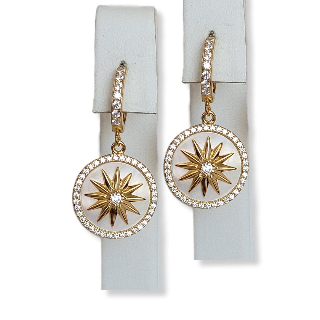 Compass Earrings in Mother-of-pearl, Sun, Star, Wind Rose, Polaris Disc ...