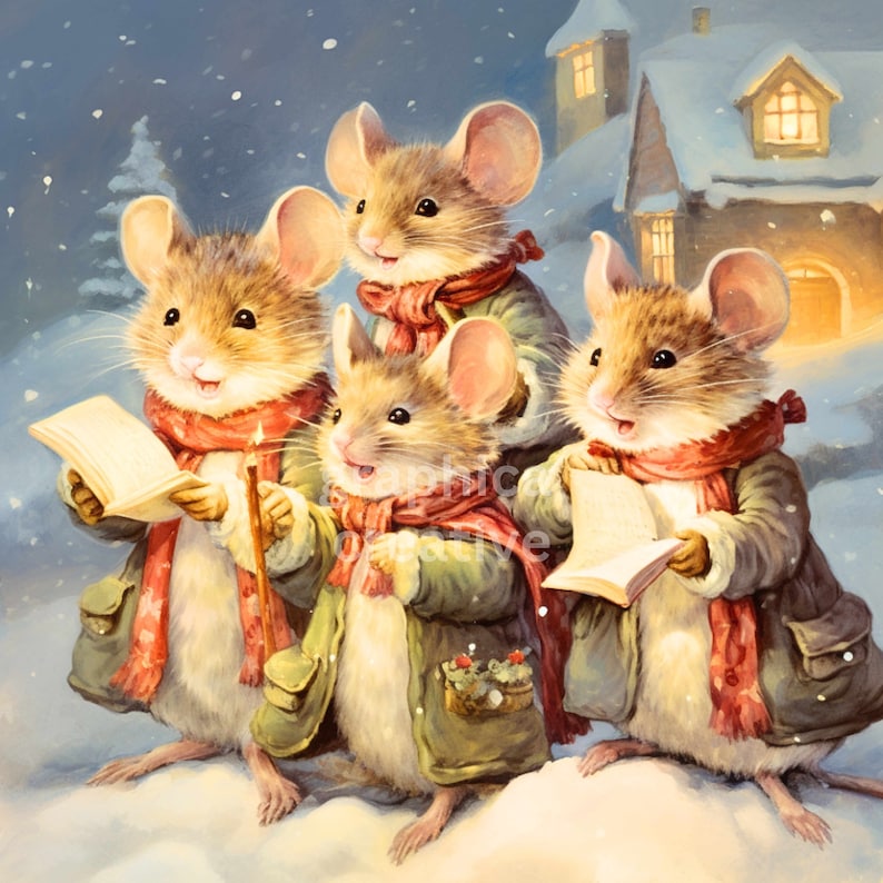 Charming Mice Carolers: Vintage Christmas Illustration Bundle - Etsy
