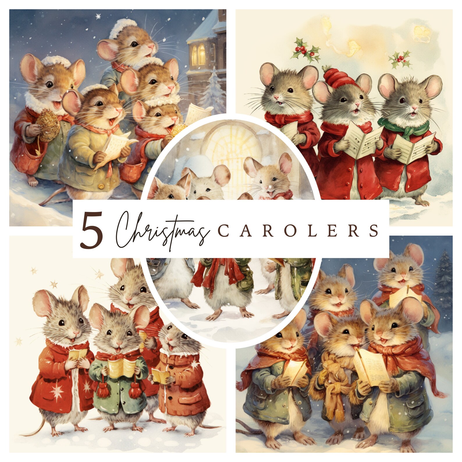 Vintage Mice Carolers: Whimsical Christmas Illustration Set, Digital ...
